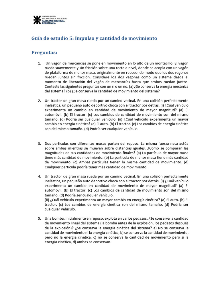Guía de Estudio 5 Impulso y Cant. de mov | PDF | Cantidades fisicas | Mecánica