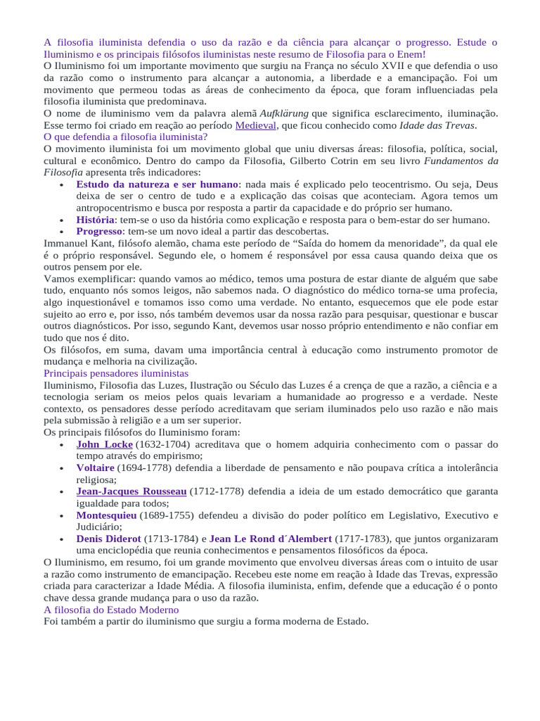 A Filosofia Iluminista Defendia o Uso Da Razão e Da Ciência para ...