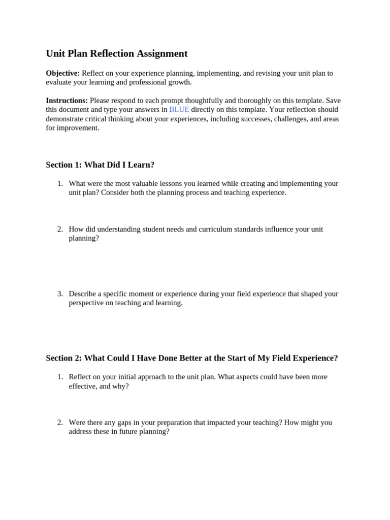 Unit Plan Reflection Assignment | PDF