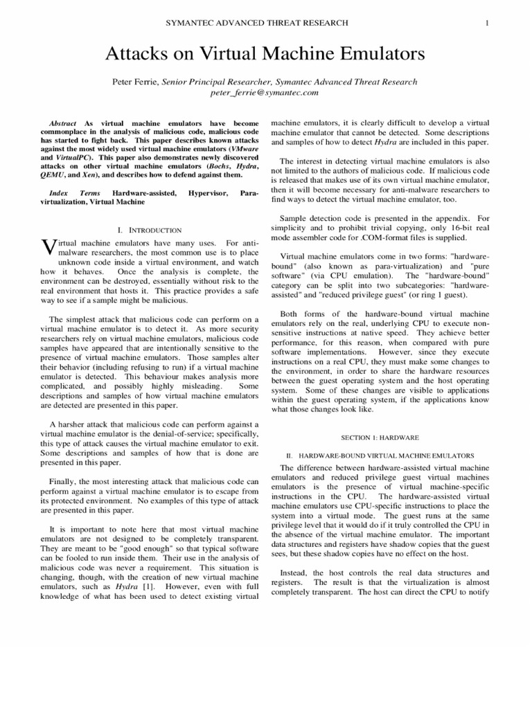Attacks on virtual machine emulators | PDF