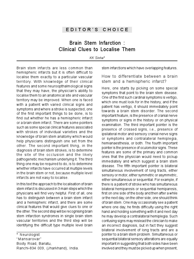 Brain Stem Infarction Clinical Clues | PDF | Brainstem | Vertigo