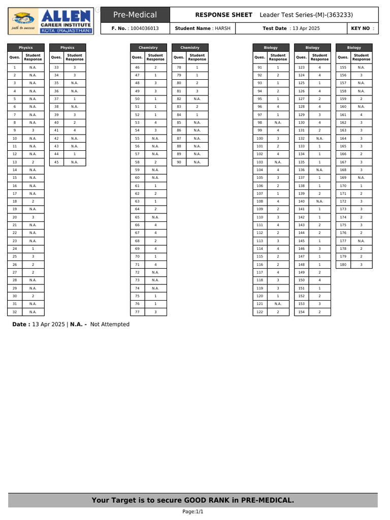 Pre-Medical Test Response Sheet | PDF | Undergraduate Education ...