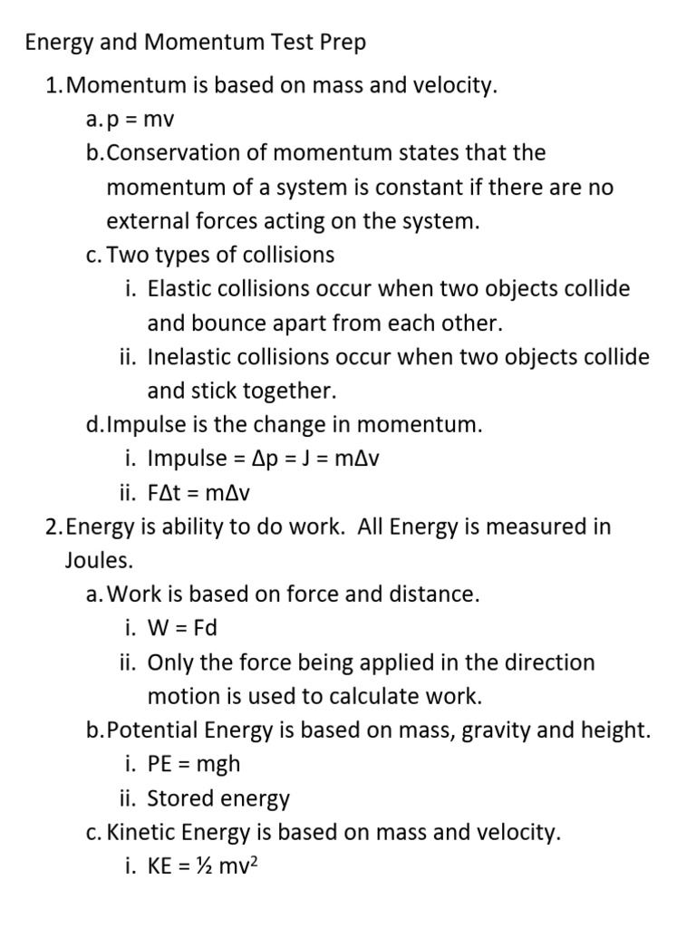Energy and Momentum Test Prep | PDF | Momentum | Collision