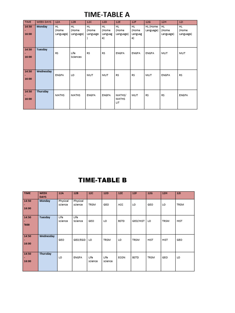 Weekly Class Timetable Overview | PDF
