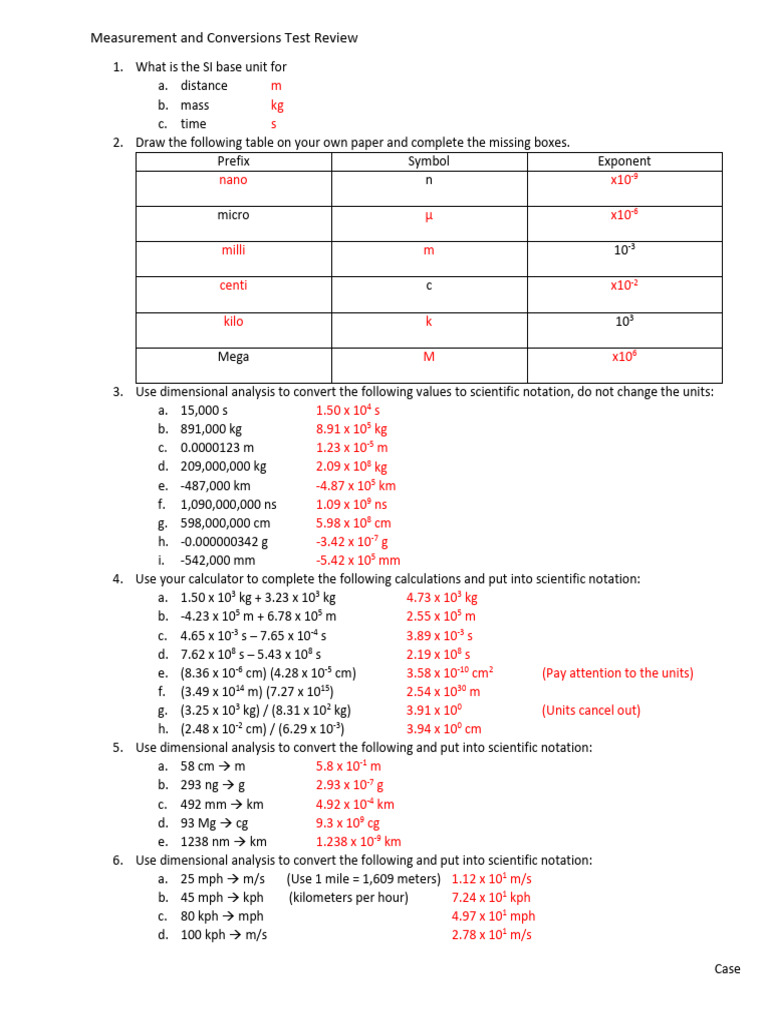 Measurement+and+Conversions+Test+Review+Answers+bb (1) | PDF | Kilogram ...
