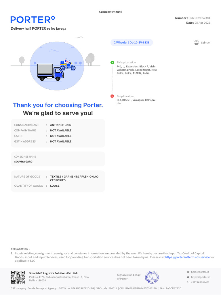 Porter Consignment Note (CRN1029052381) | PDF
