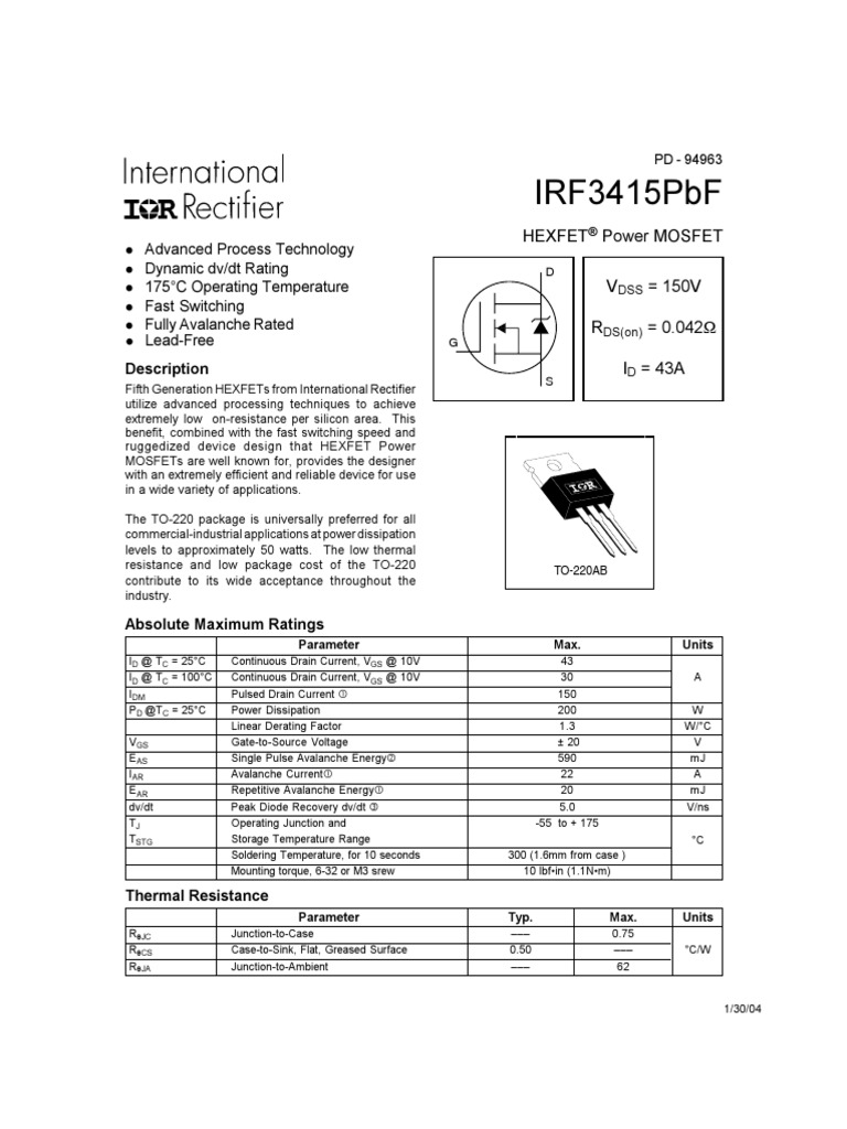 Infineon IRF3415 DataSheet v01 01 en | PDF | Diode | Electromagnetism