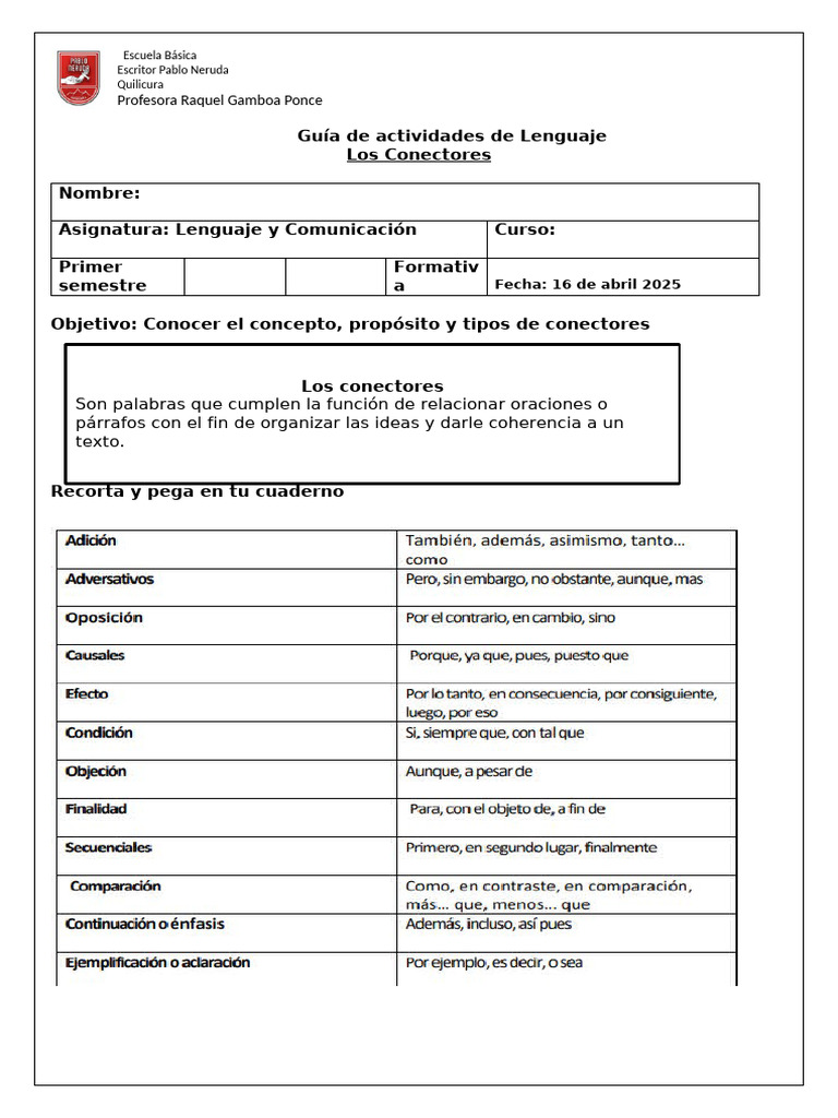 GUIA DE LENGUAJE 12 LOS CONECTORES | PDF