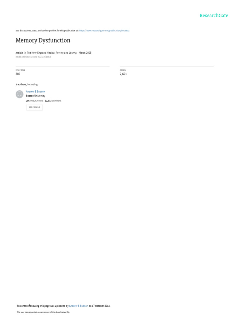 Memory Dysfunction Andrew, E. Budson, M.D., and Bruce H. Price, M.D ...
