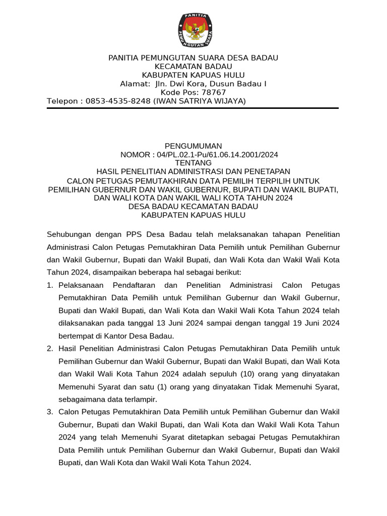 Pengumuman Hasil Penelitian Administrasi Pantarlih | PDF