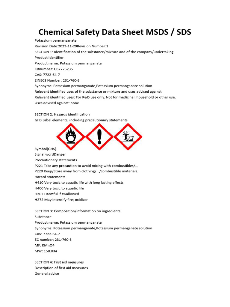 Potassium Permanganate Safety Data Sheet | PDF | Dangerous Goods | Toxicity