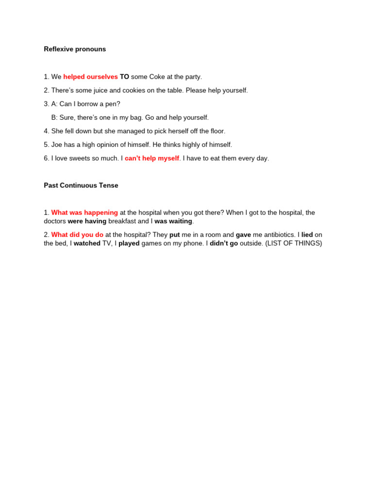 Reflexive Pronouns and Past Continuous Tense | PDF