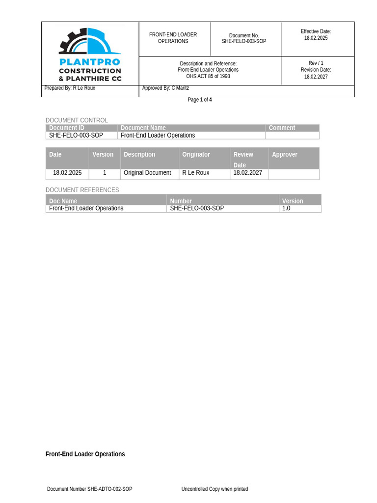 Front-End Loader Safe Operating SOP | PDF | Occupational Safety And ...
