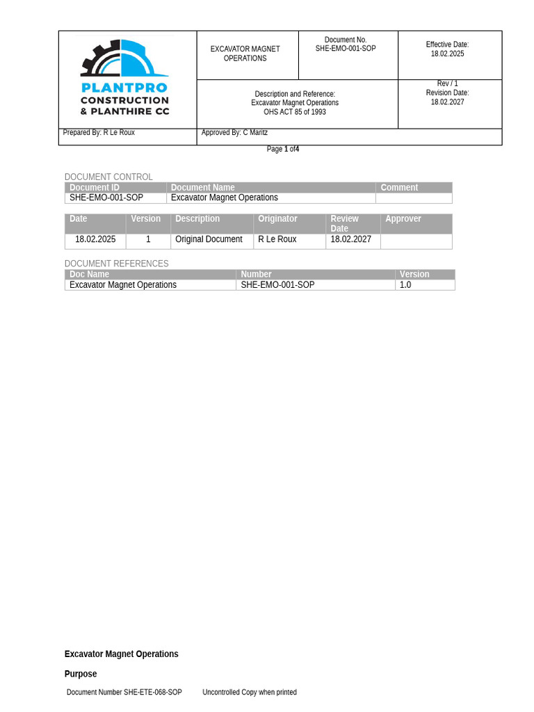 Excavator Magnet Operations SHE EMO 001 SOP | PDF | Personal Protective ...