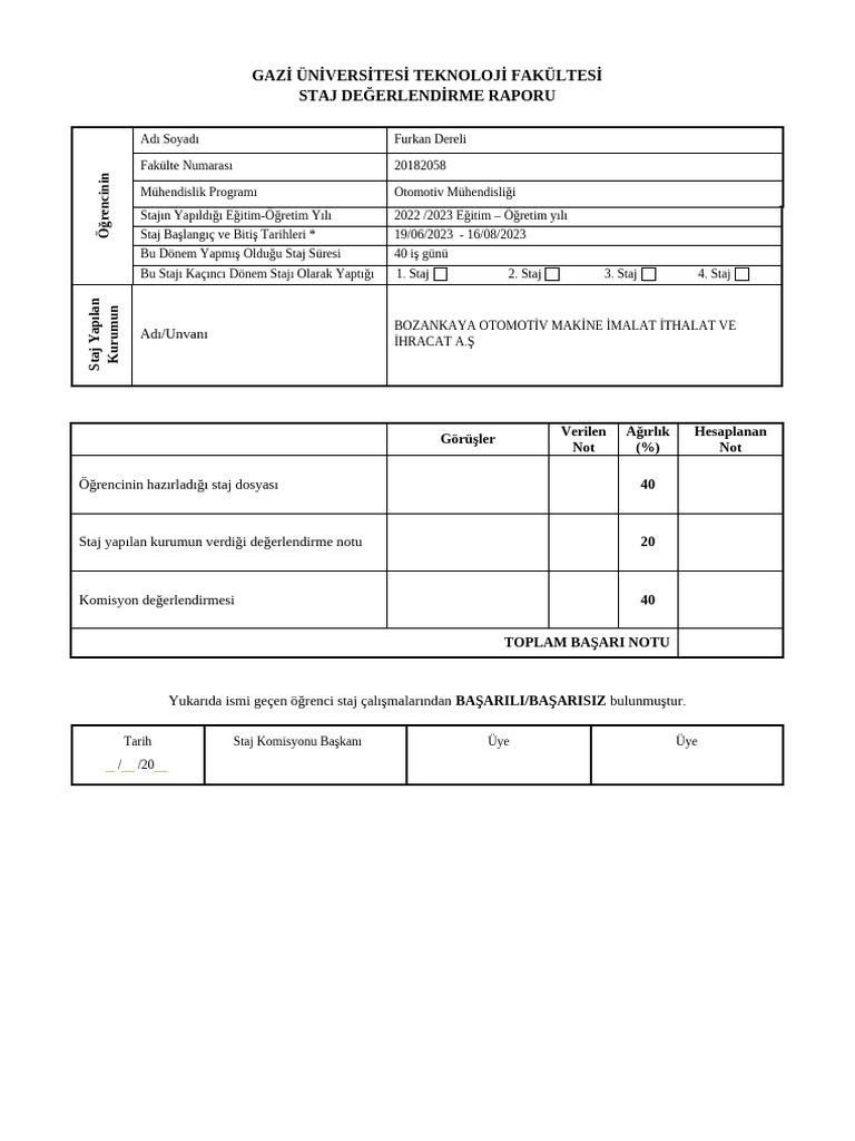 Staj Değerlendirme Raporu | PDF