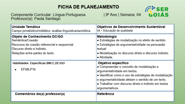Ficha de Planejamento 9º LP | PDF