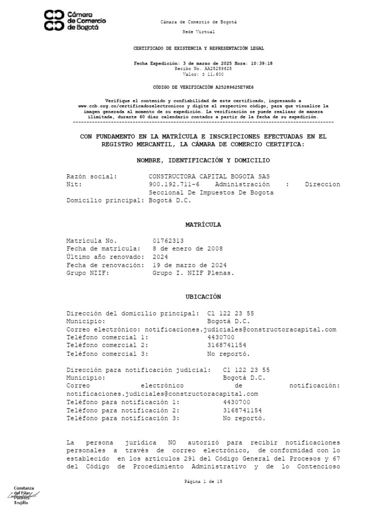 Certificado de Existencia CCB 2025 | PDF | Sociedad de responsabilidad limitada | Bogotá