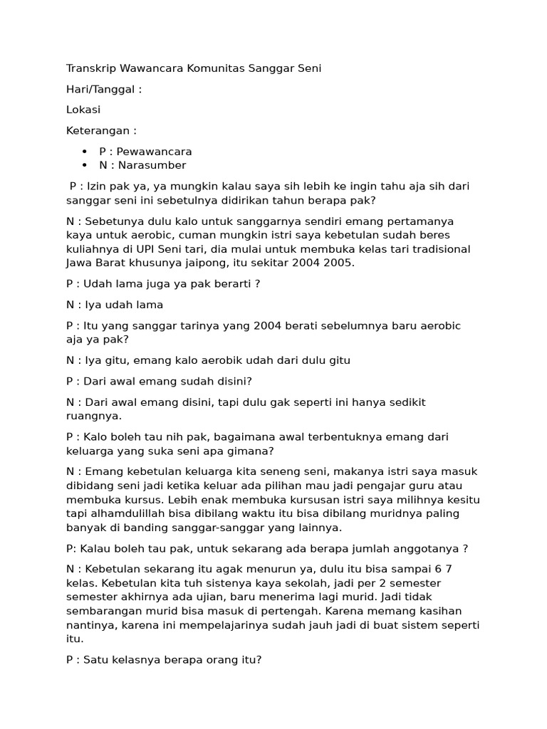 Transkrip Wawancara Komunitas Sanggar Seni | PDF