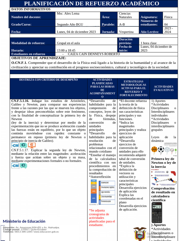 Planificación de Refuerzo 2do Bgu Fís 2023-2024 | PDF | Las leyes del movimiento de Newton | Física