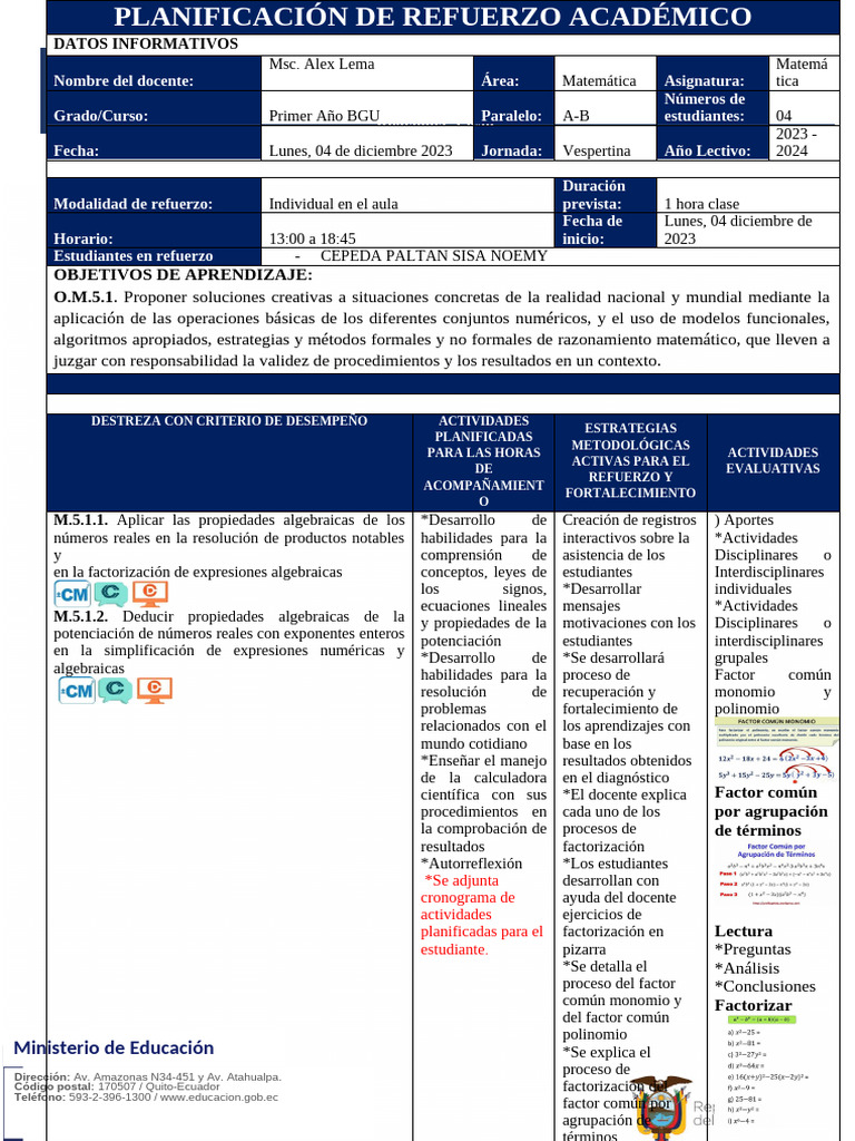 Planificación de Refuerzo 1ro Bgu Mat 2023-2024 | PDF | Factorización | Matemáticas