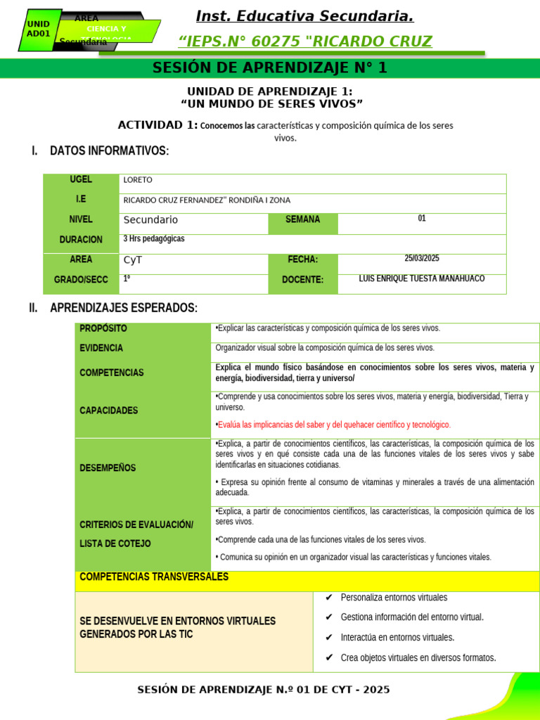 SESIÓN 1 (U1) (1° Grado) - CyT | PDF | Aprendizaje | Maestros