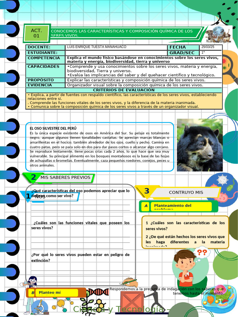 02. Ficha de actividad S1 (U1) (1° grado) - CyT | PDF | Organismos | Sustancias químicas