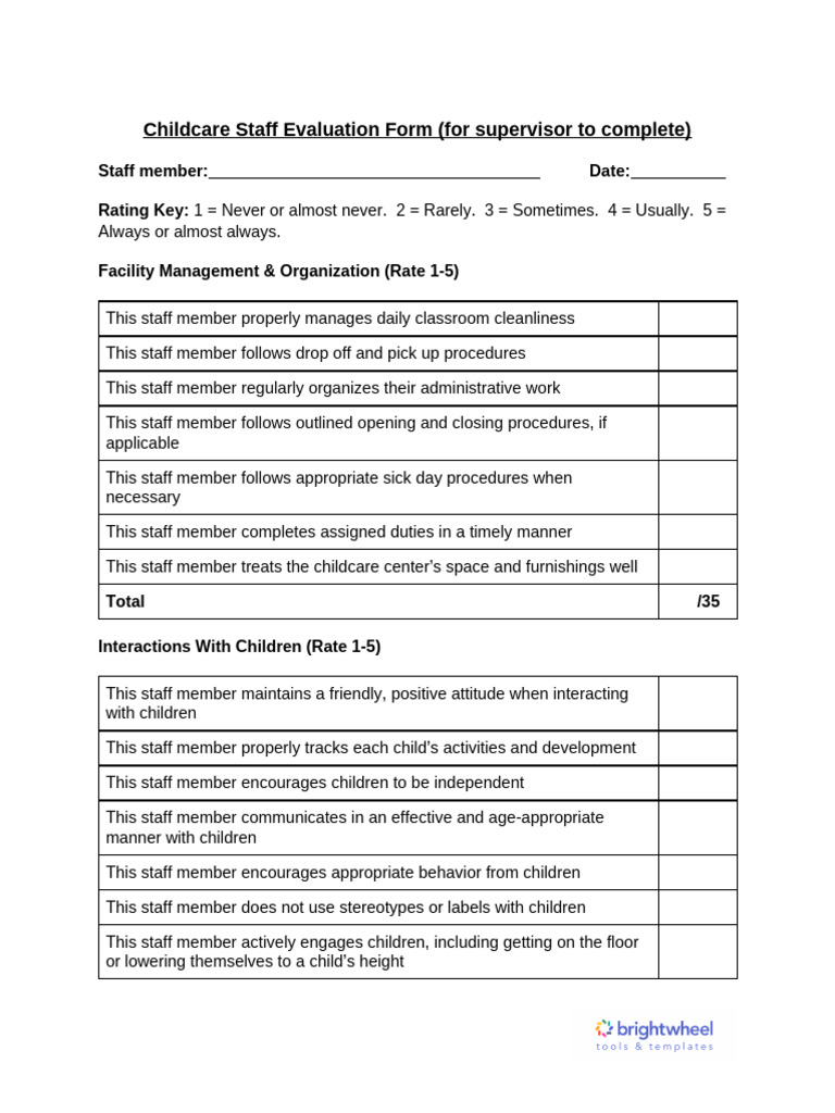 Childcare Staff Evaluation Form | PDF | Child Care | Classroom Management