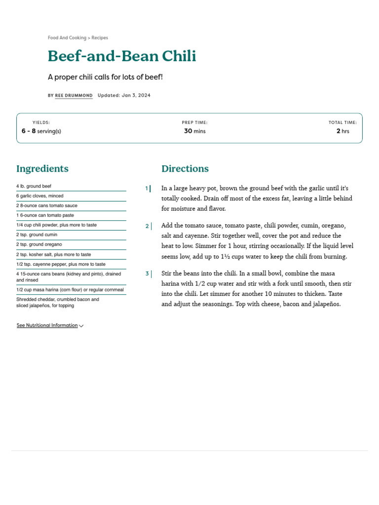 Beef-and-Bean Chili Recipe -- How to Make Hearty Beef Chili | PDF