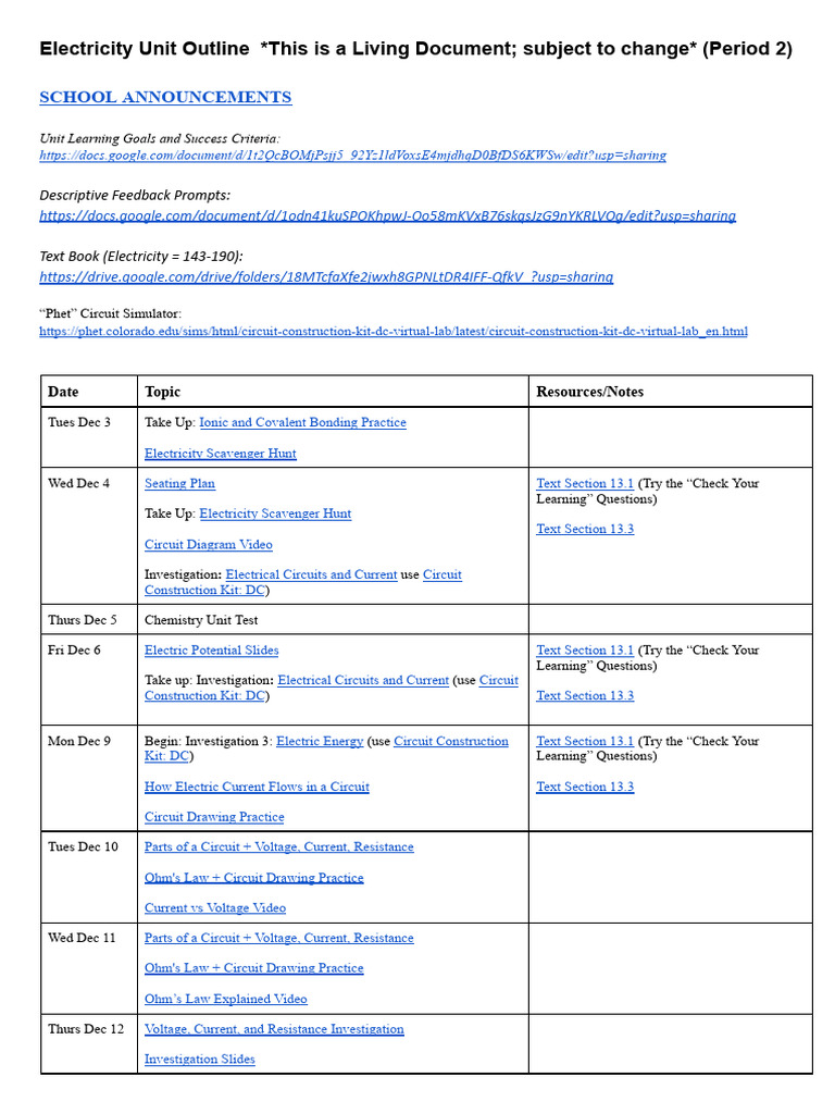 Electricity Unit Outline and Schedule | PDF | Electrical Network | Voltage