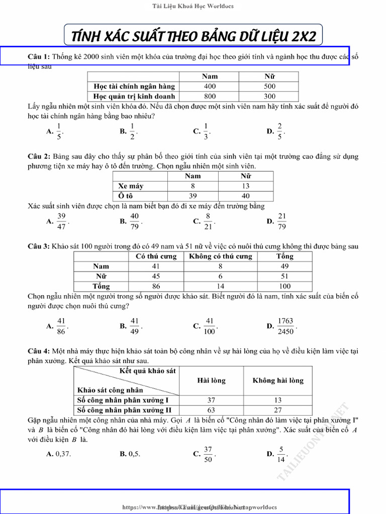 5 Tính Xác Suất Theo Bảng Dữ Liệu 2x2 | PDF