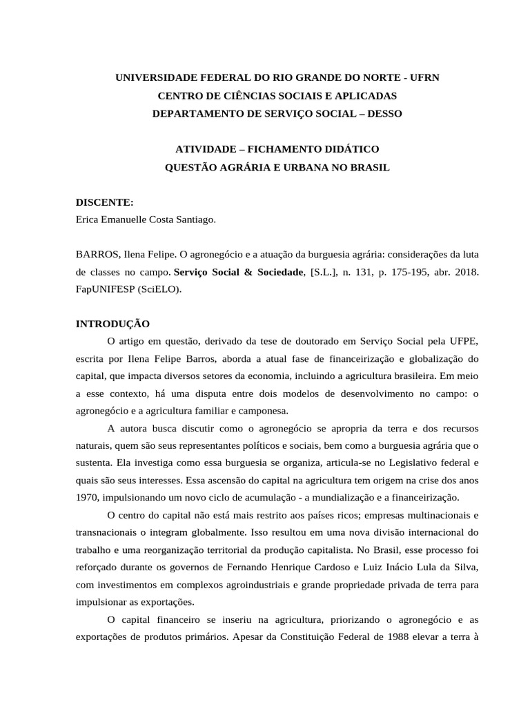 Formato - Fichamento - Erica Santiago | PDF | Agricultura | Reforma agrária