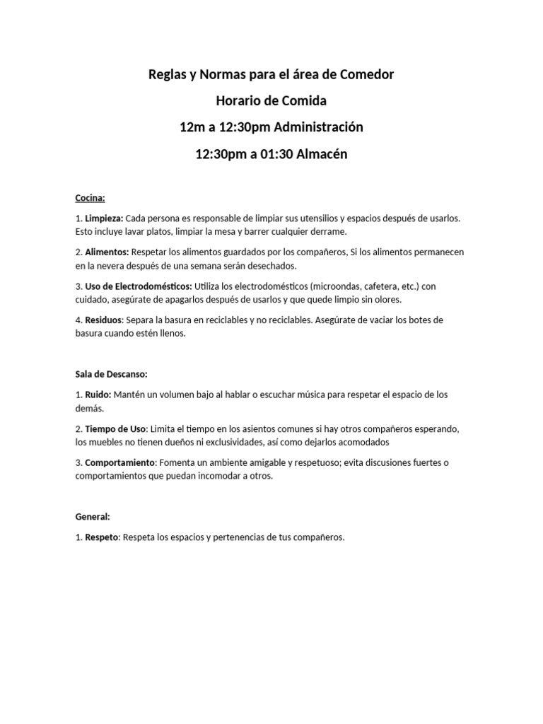 Reglas y Normas para El Área de Comedor | PDF