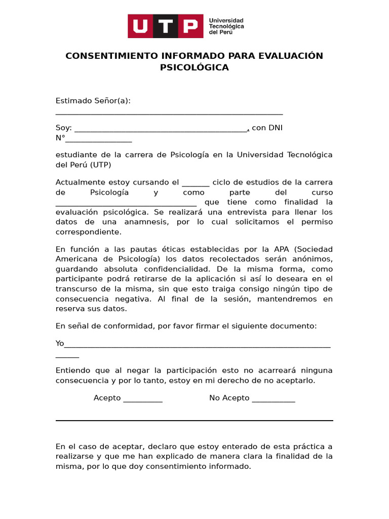 Consentimiento Informado para Evaluación Psicológica | PDF