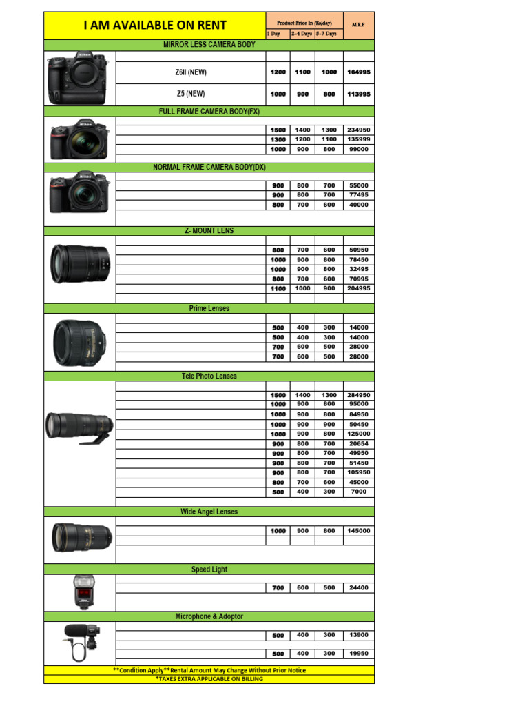 Camera Rental Price List | PDF | Camera Lens | Camera