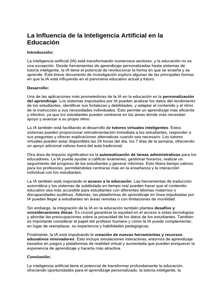 La Influencia de La Inteligencia Artificial en La Educación | PDF ...