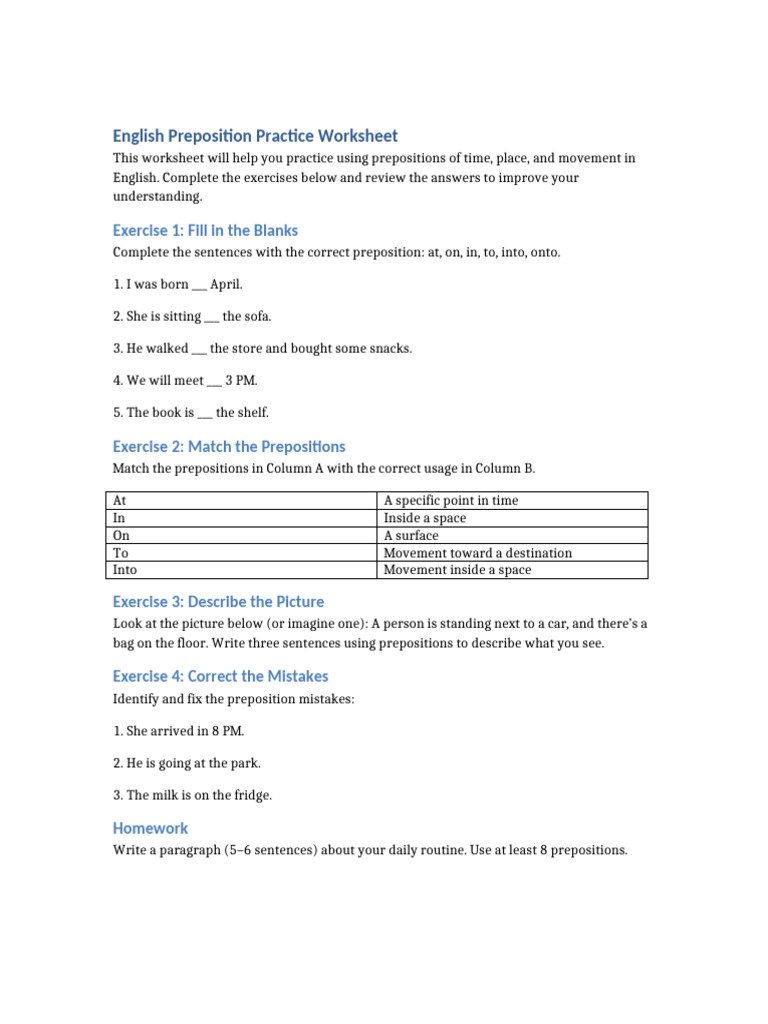 Preposition Practice Worksheet | PDF