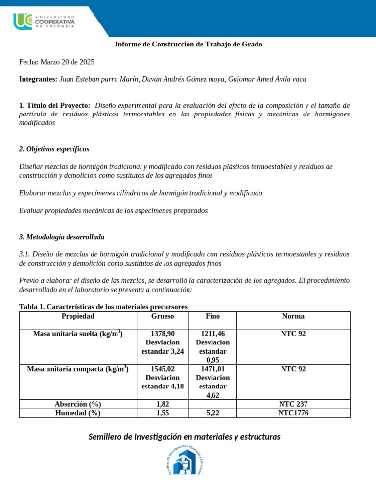 Informe 1 Proyecto de Grado JEP (1) | PDF | Hormigón | Naturaleza