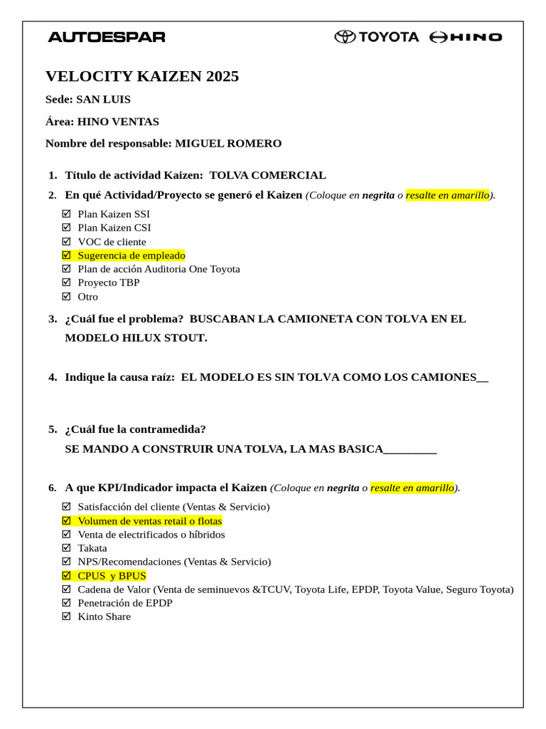 Formato Velocity Kaizen 2025 - ABRIL | PDF