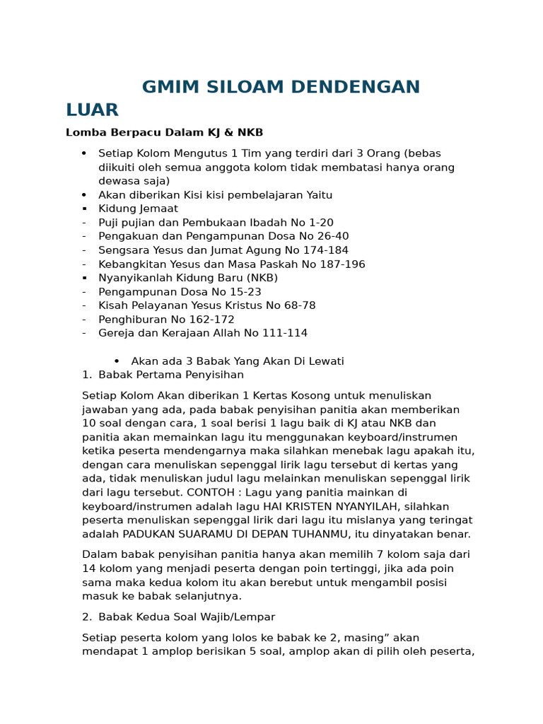 Gmim Siloam Dendengan Luar: Lomba Berpacu Dalam KJ & NKB | PDF