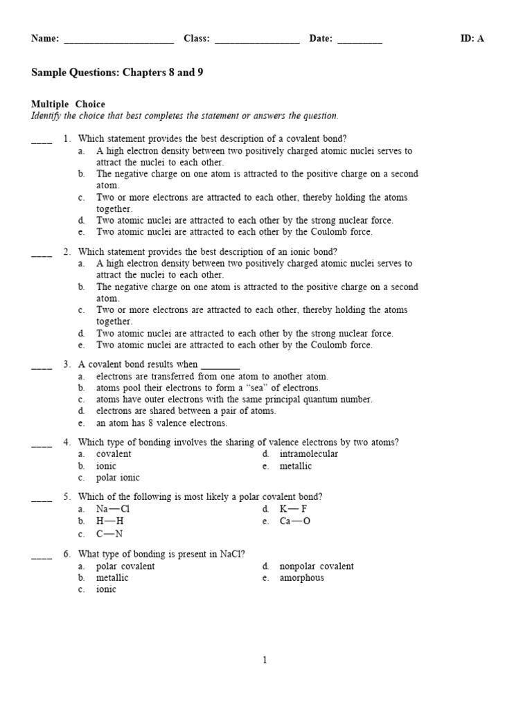 Chem106 Sample Questions 8 and 9 PDF | PDF | Molecular Orbital ...