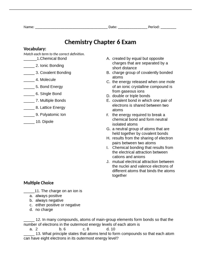 CHEM Chapter 6 Test | PDF | Ion | Chemical Bond