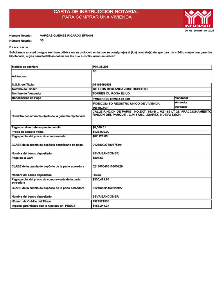 Carta de Instrucción Notarial INFONAVIT | PDF | Servicios financieros ...