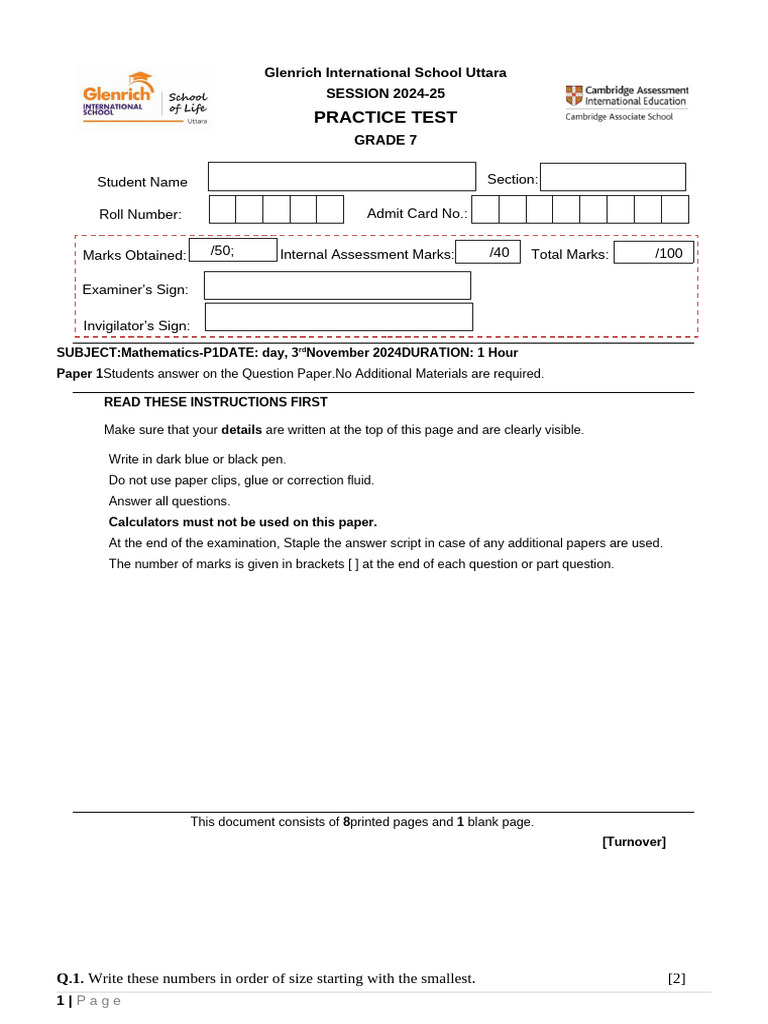 PRACTICE TEST Question Paper 1 Session 24-25 GR 7 | PDF | Numbers ...