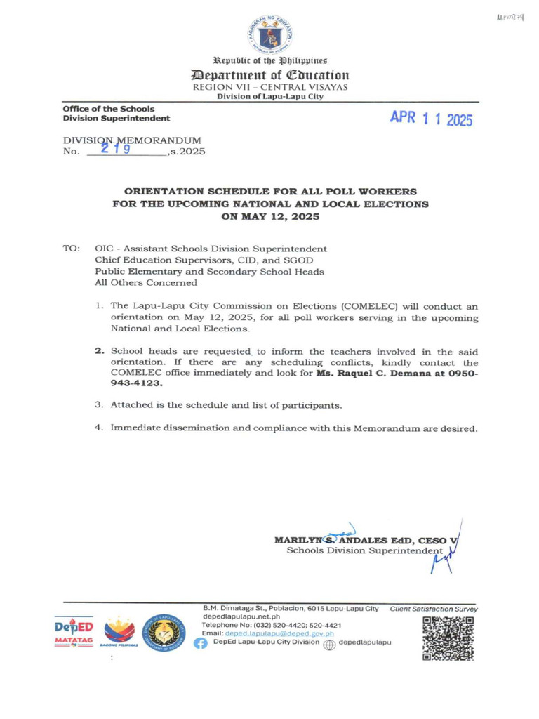 DM No. 219 S. 2025 Orientation Schedule For All Poll Workers For The ...