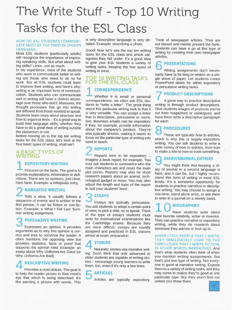 Top Writing Tasks For Esl Class | PDF
