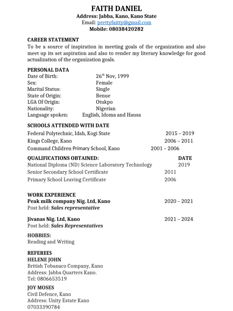 Faith Daniel CV | PDF