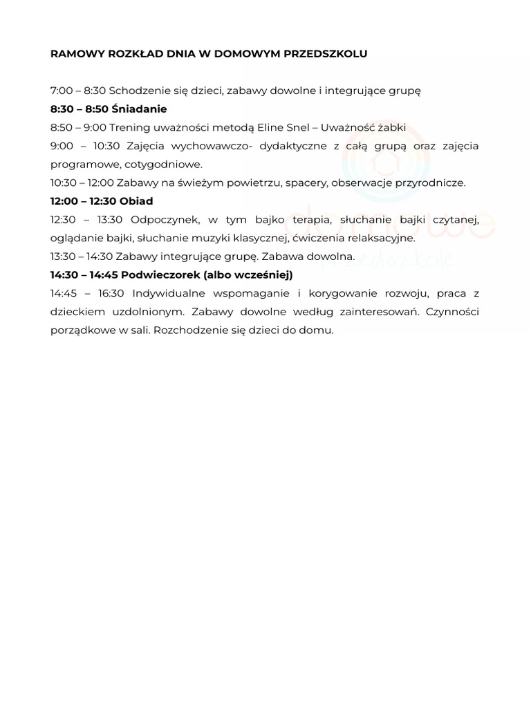 Ramowy Rozklad Dnia W Domowym Przedszkolu | PDF