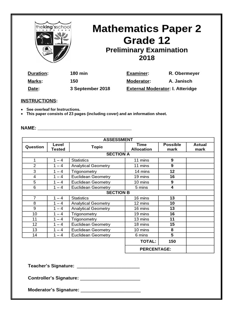 Grade 12 Prelim Exams Paper 2 2018 | PDF | Circle | Geometry
