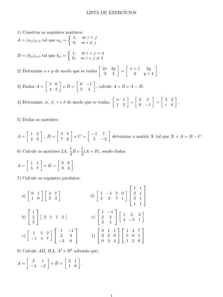 Lista Matrizes | PDF | Álgebra linear | Álgebra