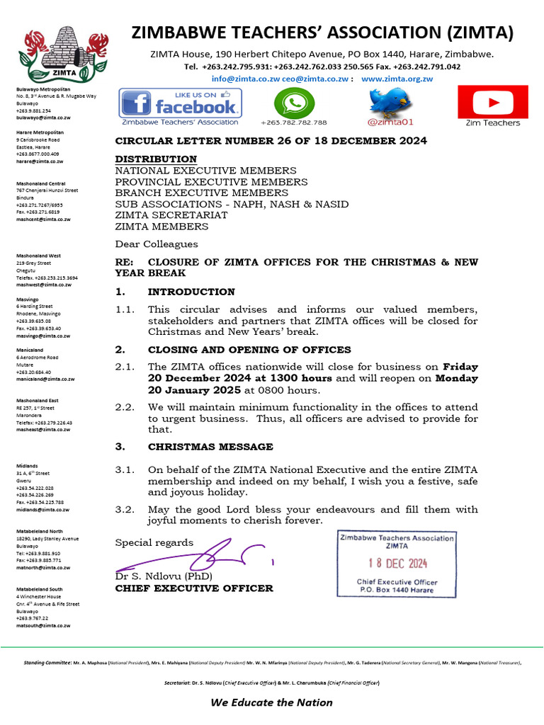 Circular Letter 26 of 18 December 2024 - CLOSURE OF ZIMTA OFFICES FOR ...